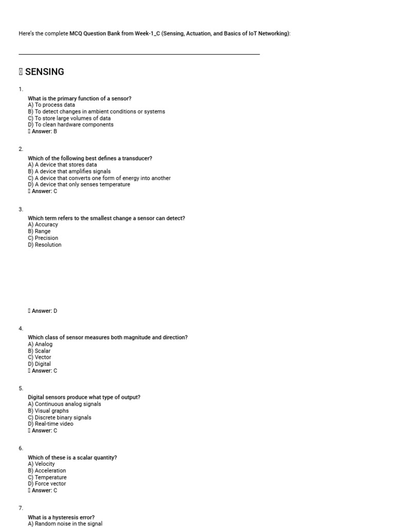 Iot Week1 Part3 MCQ Question Bank | PDF | Actuator | Sensor