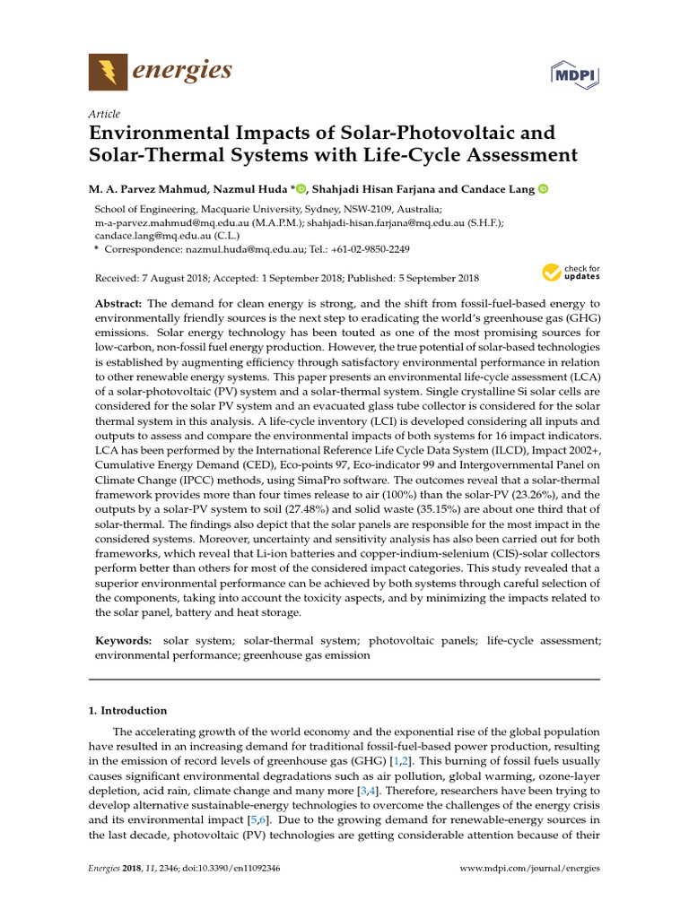 Solar PV Vs Solar Thermal, AUS, 2018 | PDF | Life Cycle Assessment ...