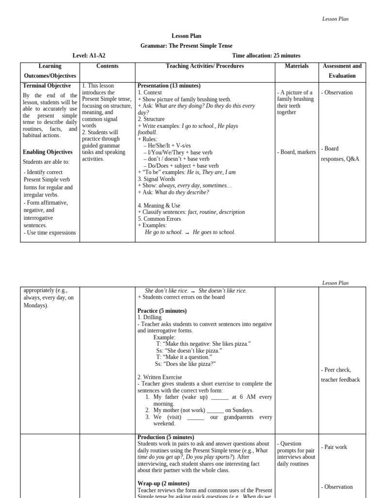 Lessos Plan Present Simple Tense | PDF | Verb | Grammatical Tense