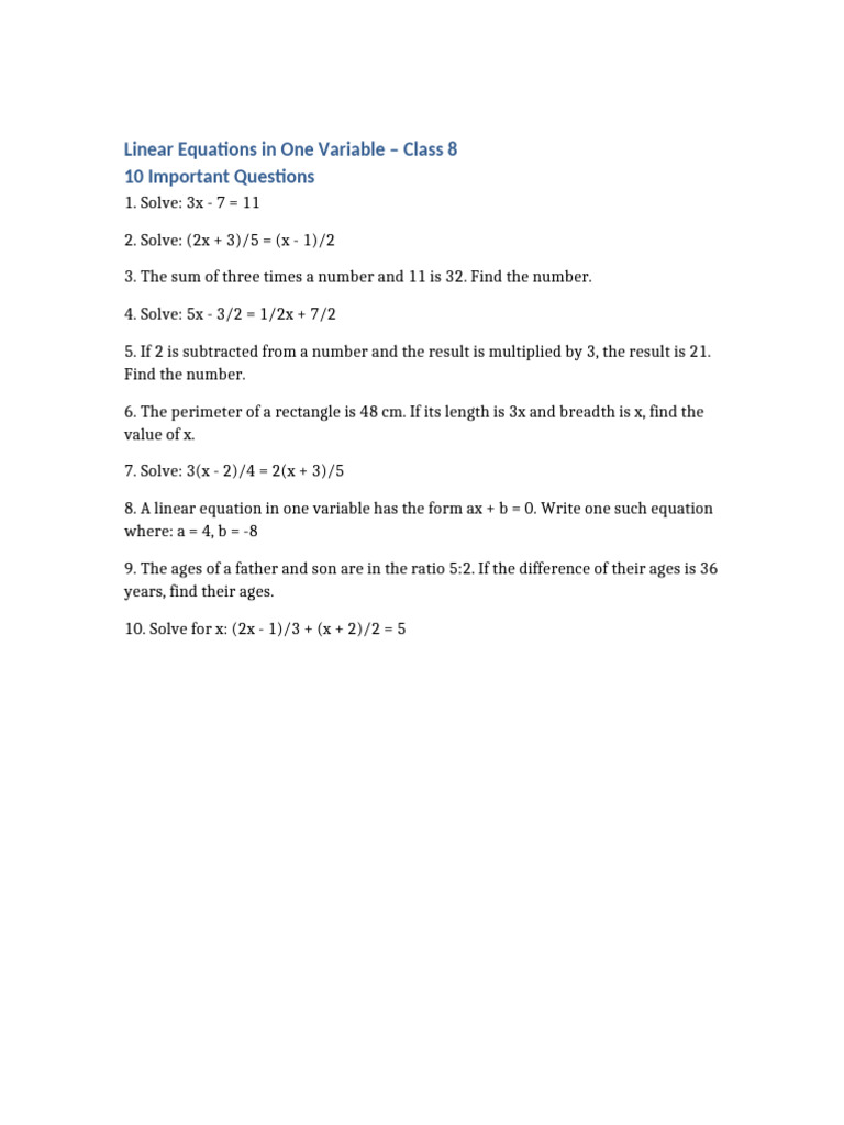 Class 8 Linear Equations Practice Questions | PDF