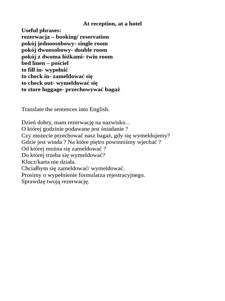 At A Hotel Sentences | PDF