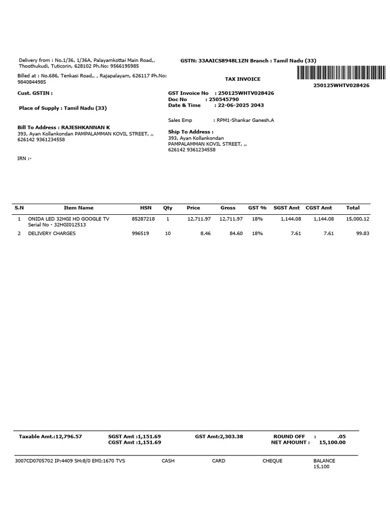 GST Invoice for ONIDA TV Sale | PDF