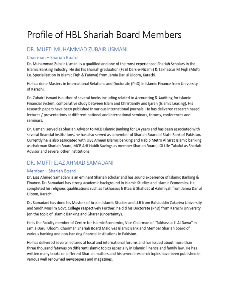 Shariah Board Profile and Shariah Compliance Department Details | PDF ...