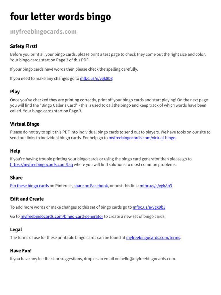 Four Letter Words Bingo Cards | PDF | Gaming | Gambling