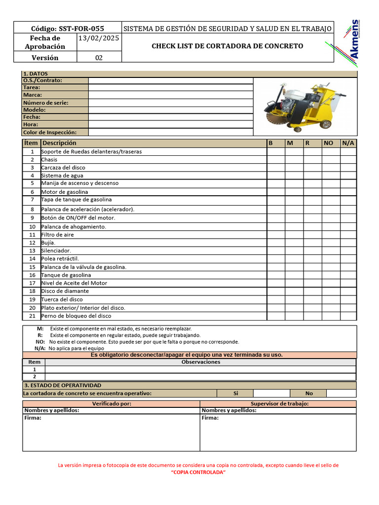 Checklist de Cortadora de Concreto | PDF