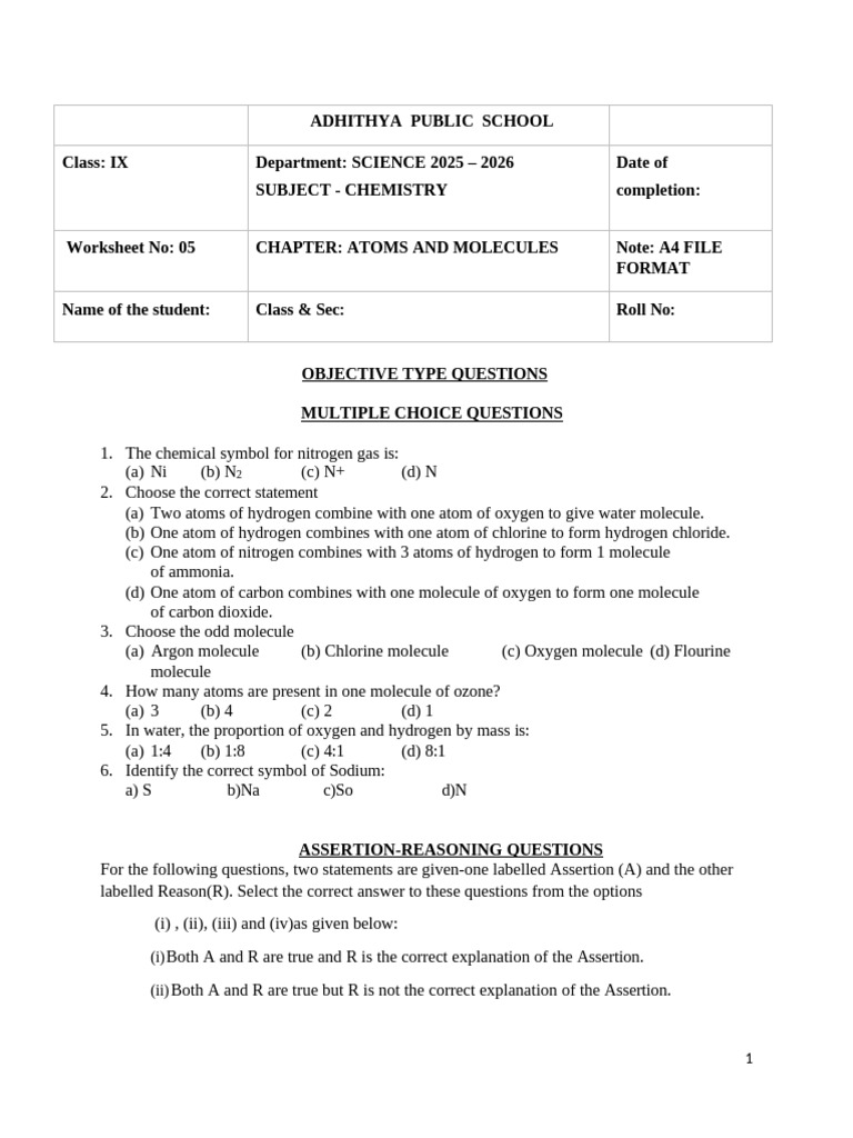 Atoms and Molecules Worksheet IX | PDF | Chemical Compounds | Molecules