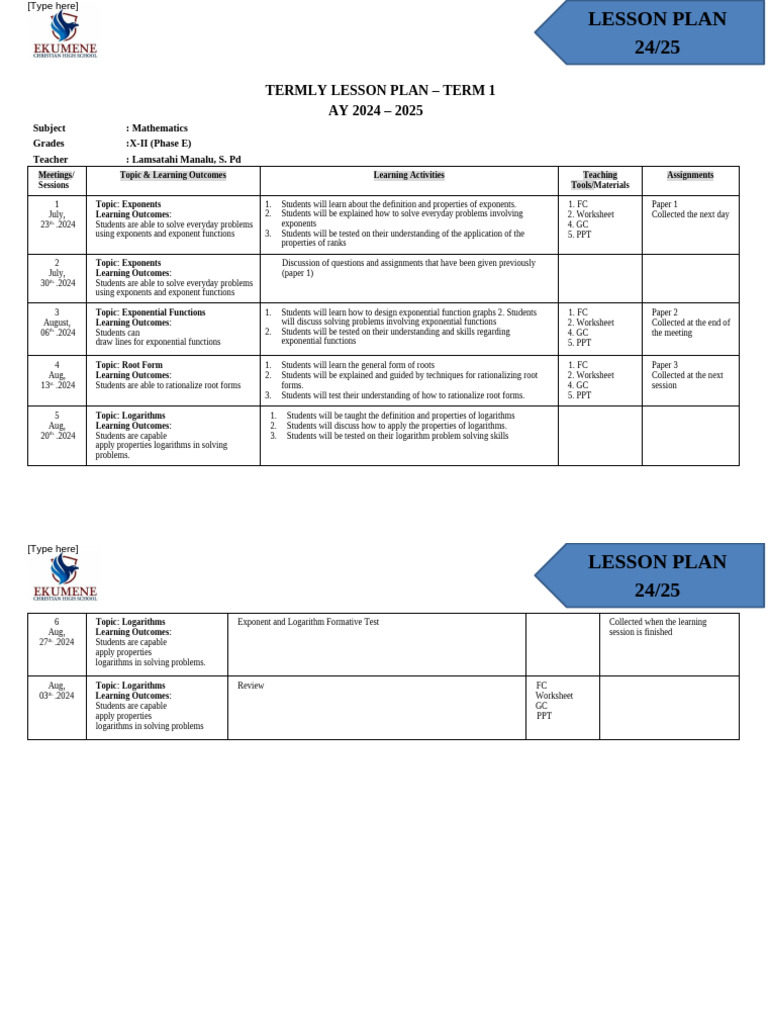 Termly Plan Math Kelas X-II | PDF | Exponentiation | Logarithm