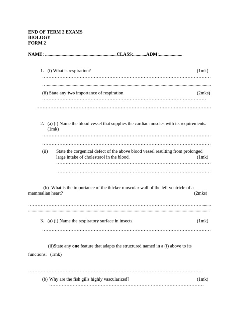BIOLOGY F2 Teacher - Co - .Ke End Term 2 | PDF | Physiology