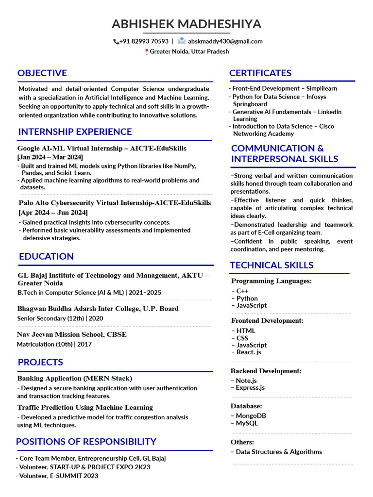 RESUME Abhishek Madheshiya (Final) | PDF | Machine Learning | Artificial Intelligence