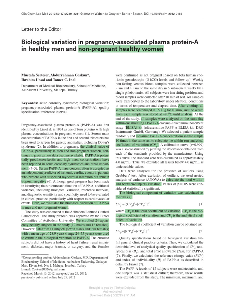 PAPP-A Variation Healthy Non Pregnany Women | PDF | Blood Plasma | Elisa