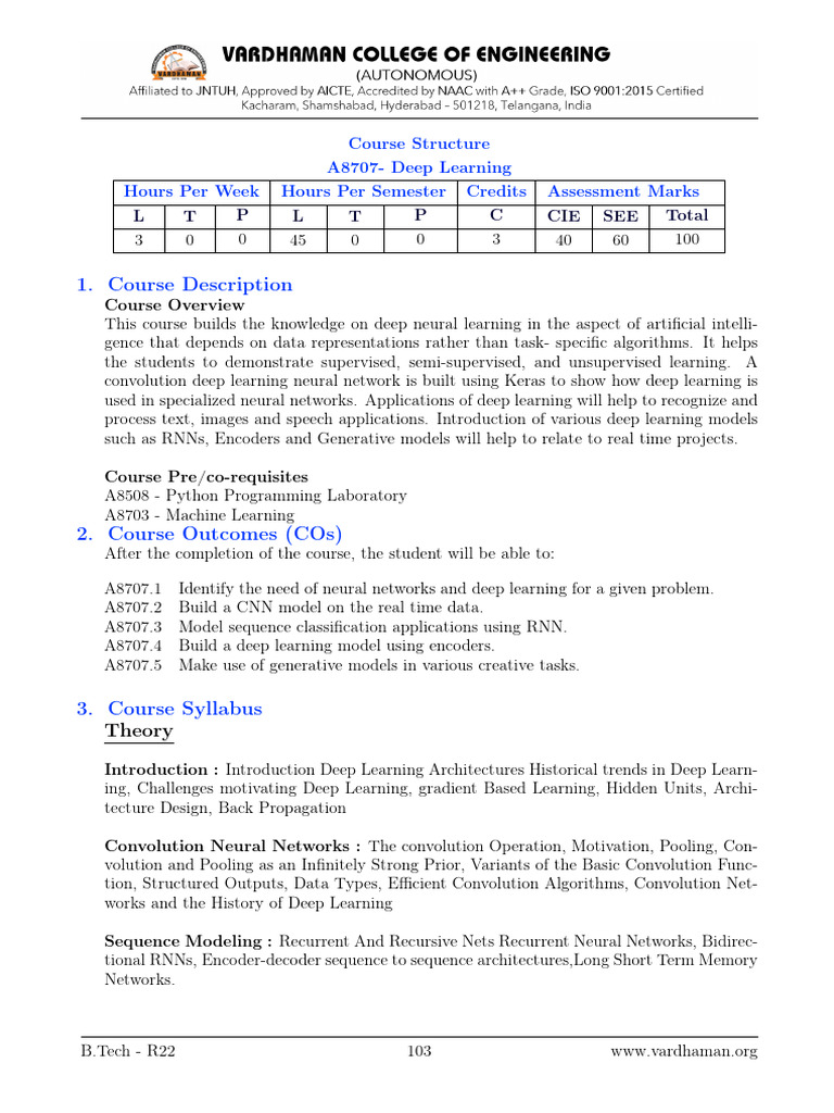 Syllabus A8707 DL THEORY | PDF | Deep Learning | Cognition