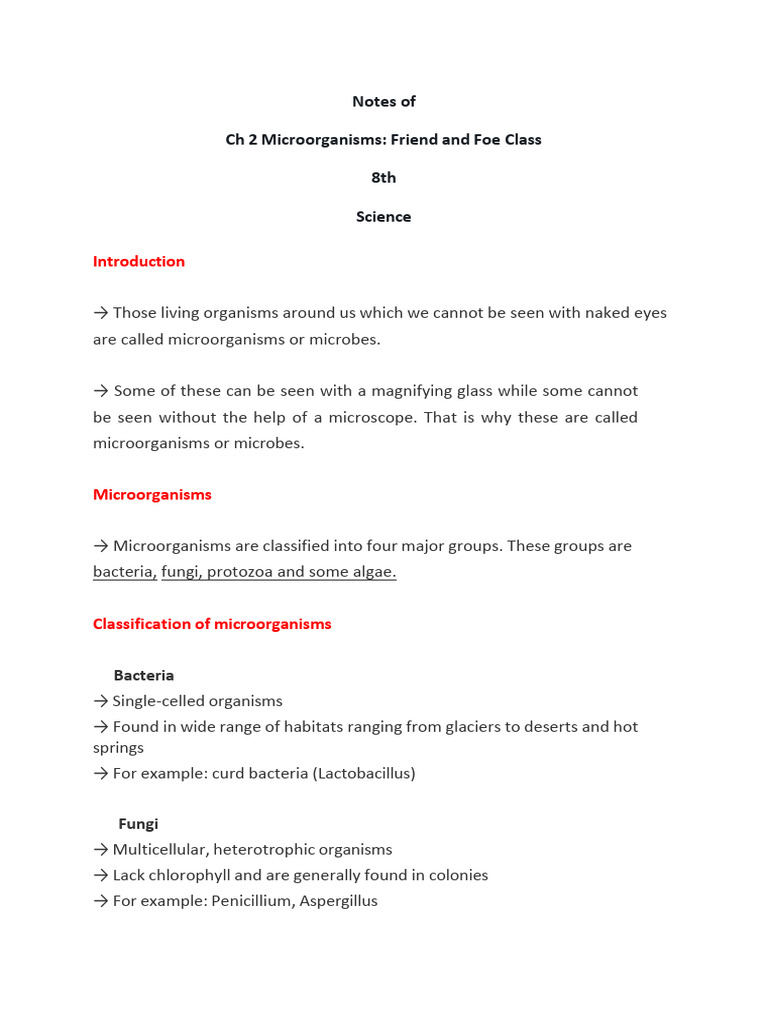 Microorganism Friend and Foe Cls 8 Notes | PDF | Microorganism | Food ...