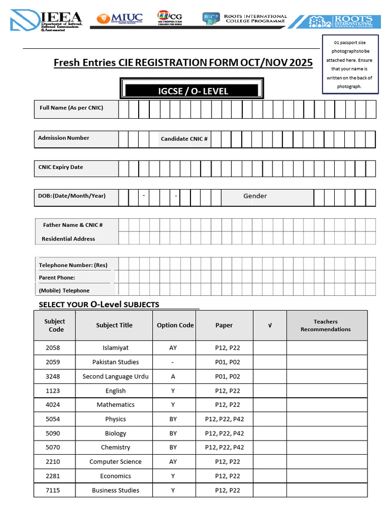 Igcse O-Level Caie Regesteration Form Oct Nov 2025 | PDF