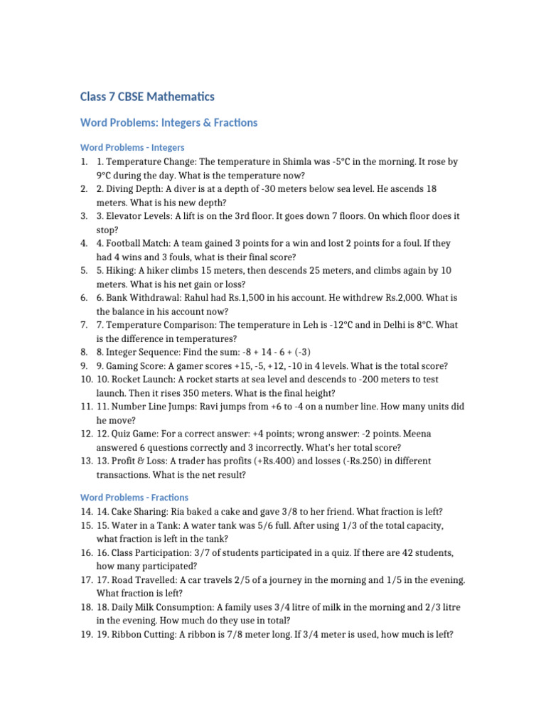 Class7 Math WordProblems Integers Fractions | PDF