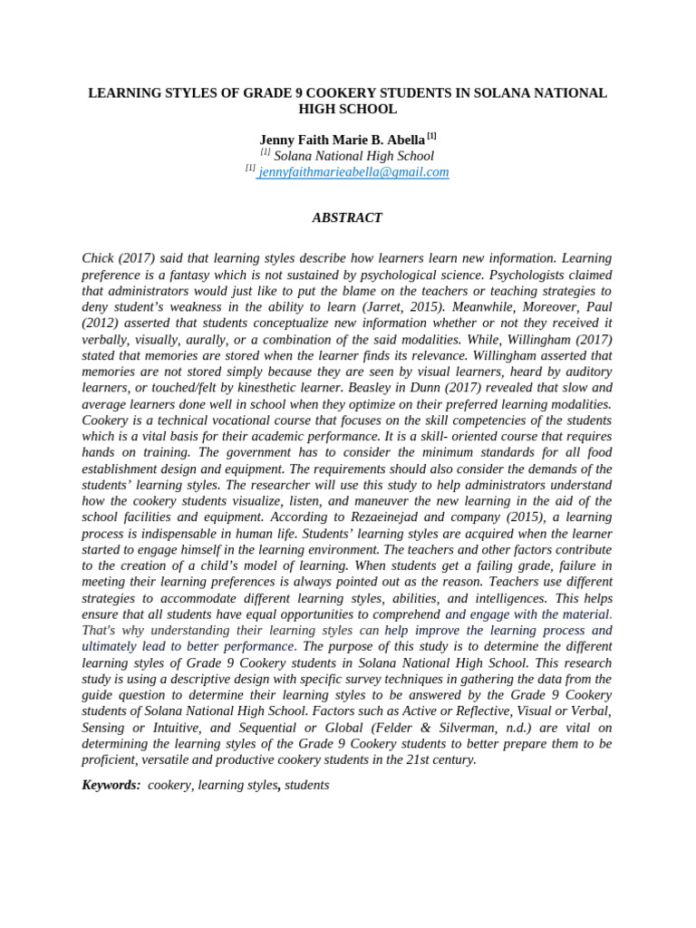 New Research Proposal Jenny Faith Marie B. Abella | PDF | Learning Styles | Survey Methodology