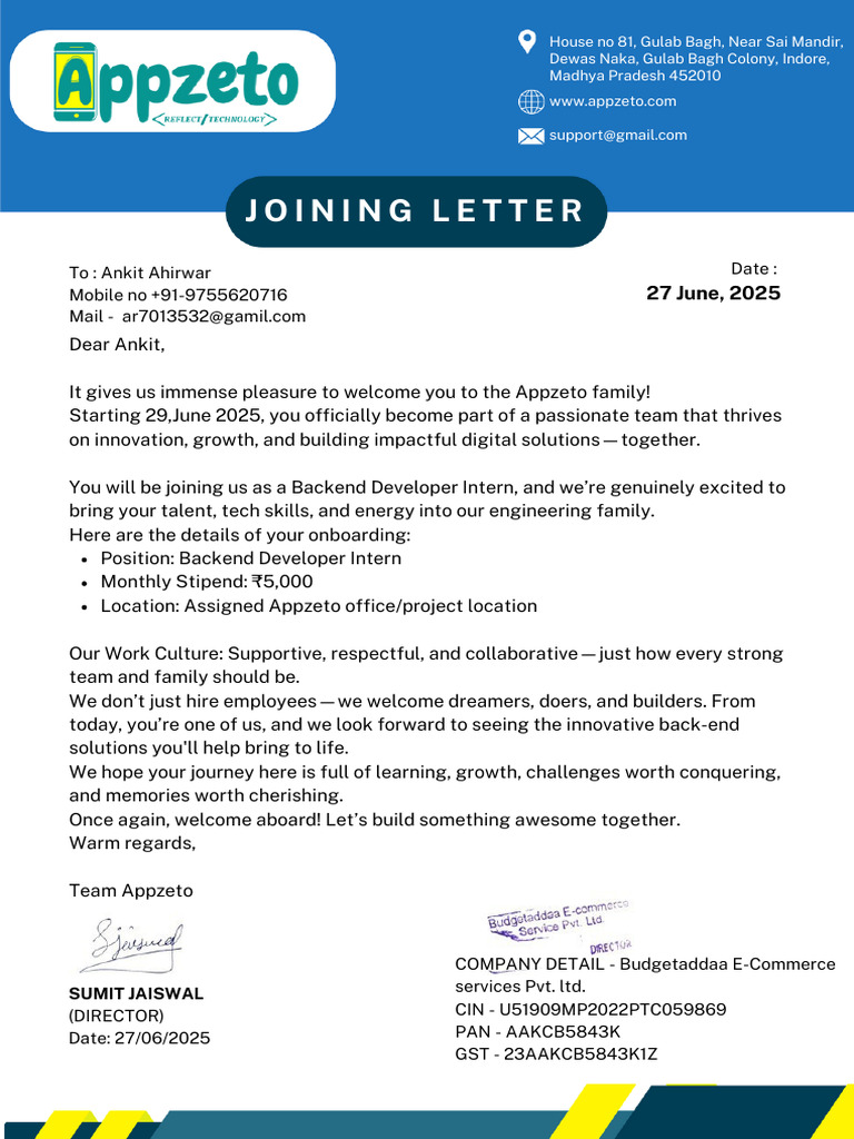 Joining Letter For Ankit Ahirwar | PDF