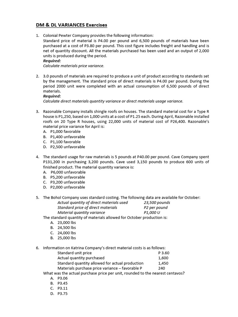 DM-DL Variances Exercises | PDF