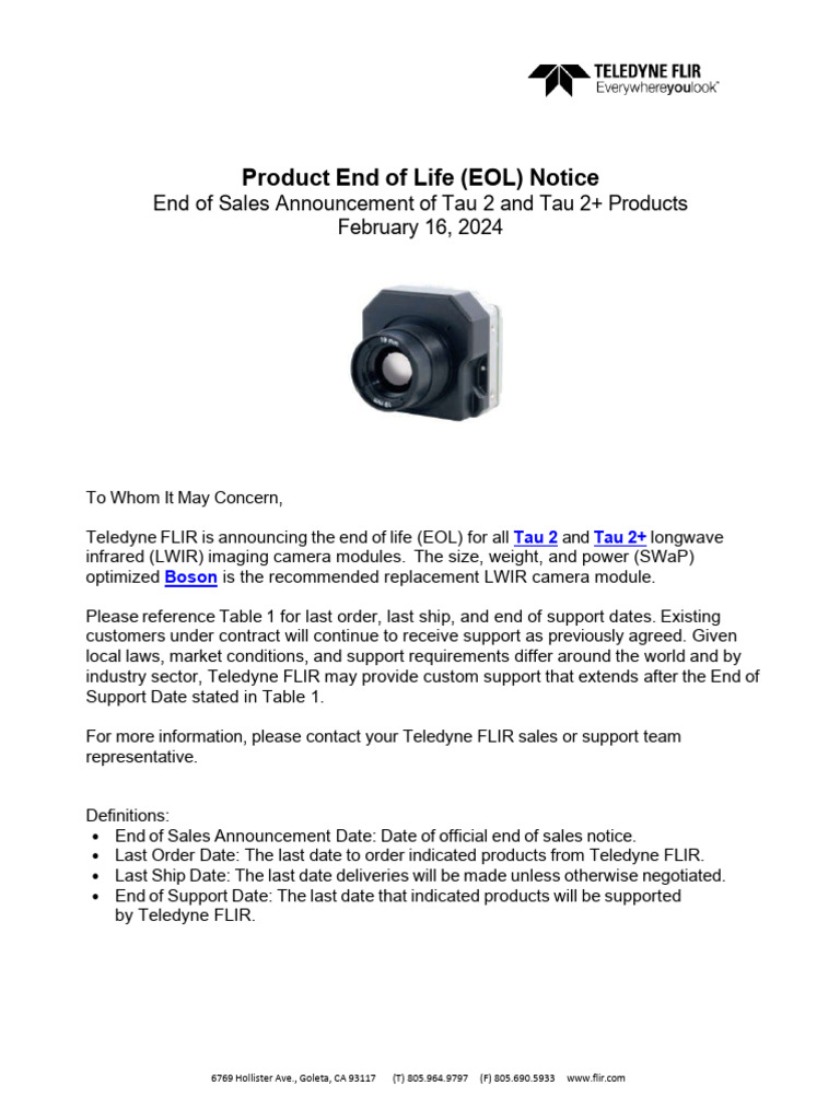Teledyne FLIR Tau 2 and 2 - End of Life Notice | PDF | Light | Imaging