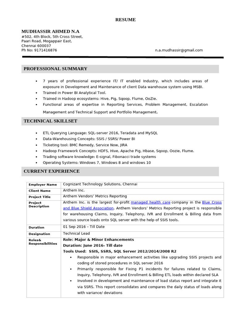 Mudhassir Ahmed Resume 2020 | PDF | Microsoft Sql Server | Apache Hadoop