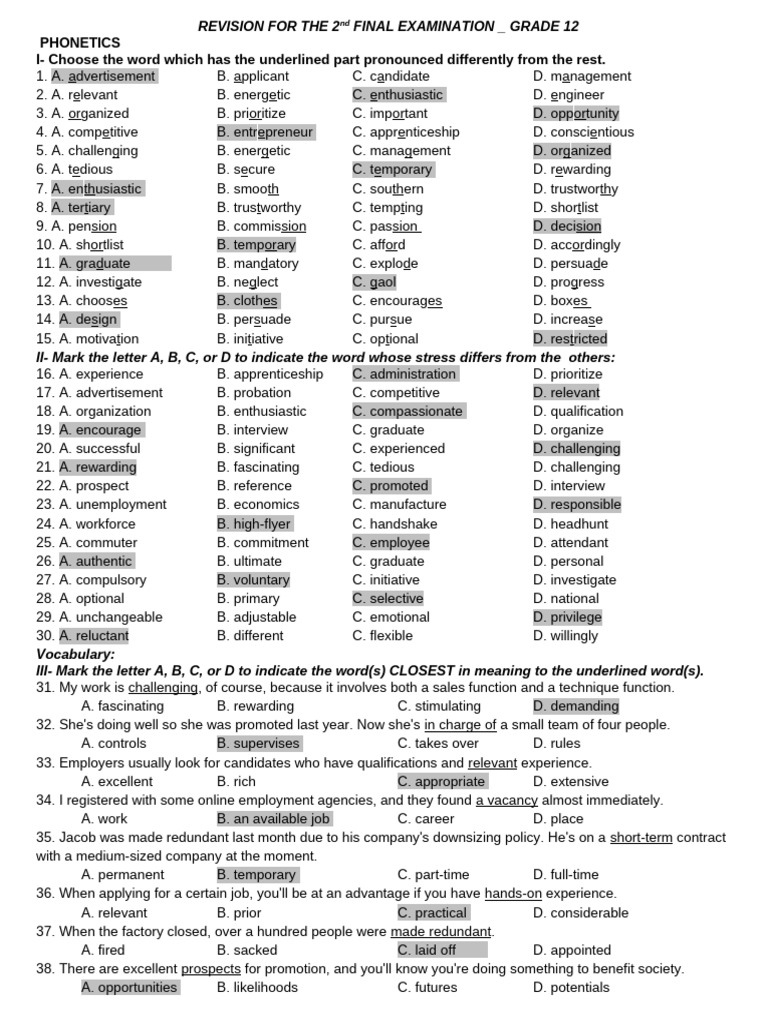 Grade 12 Phonetics Exam Revision Guide | PDF | Employment | Layoff