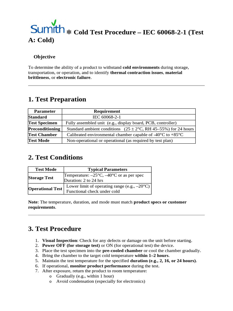 Cold Test Procedure Overview - IEC 60068-2-1 | PDF