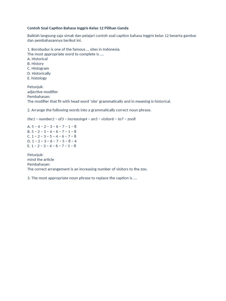 Contoh Soal Caption Bahasa Inggris Kelas 12 Pilihan Ganda | PDF | Noun | Phrase