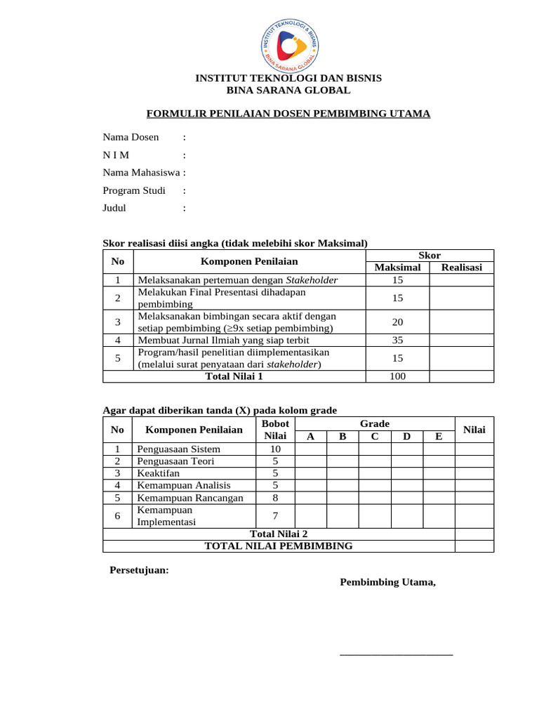 Form Penilaian Dosen Pembimbing - Juni 2021 | PDF