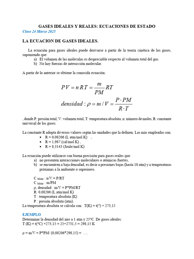 05 Ecuaciones para Gases Ideales y Reales | PDF | Gases | Densidad