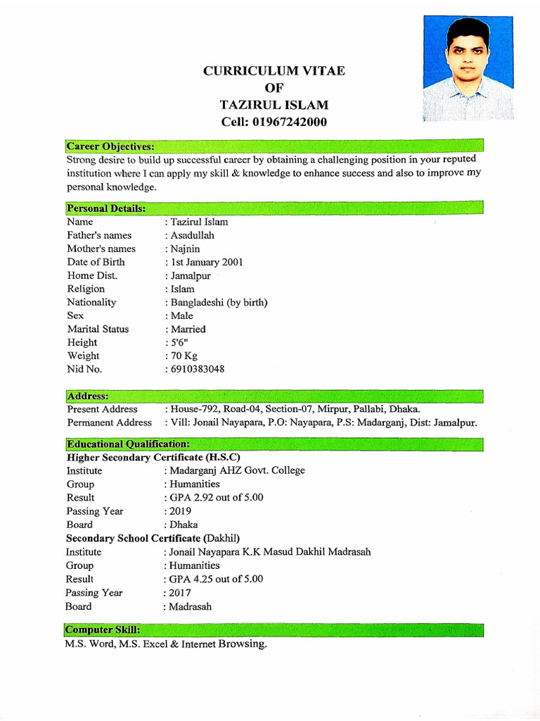 CV Form Tazirul Islam | PDF