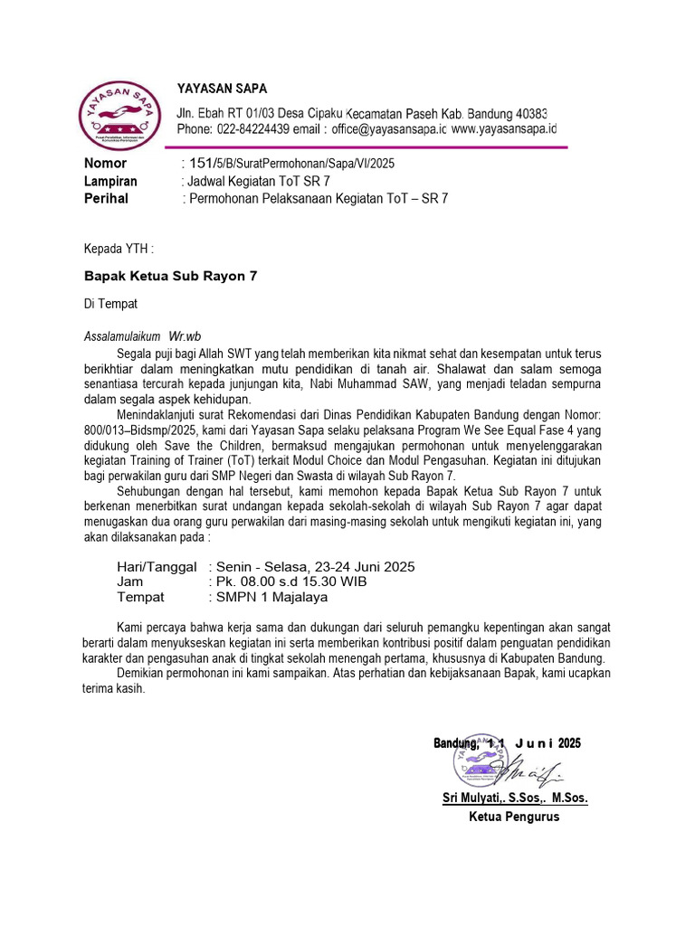 Surat Permohonan ToT - Ketua SR 7 - Kab BDG | PDF