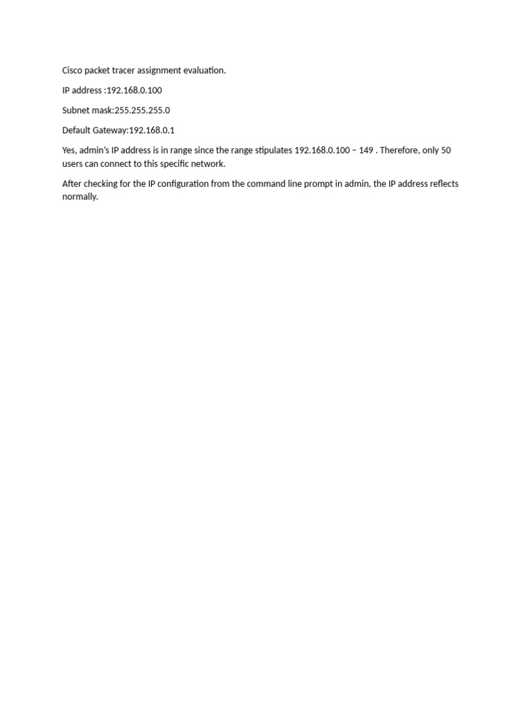 Cisco Packet Tracer Assignment Evaluation | PDF
