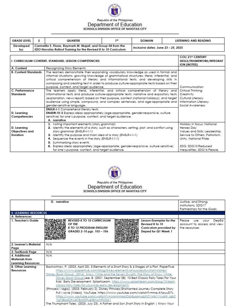 Story Elements for Grade 5 Learners | PDF | Narrative | Reading ...