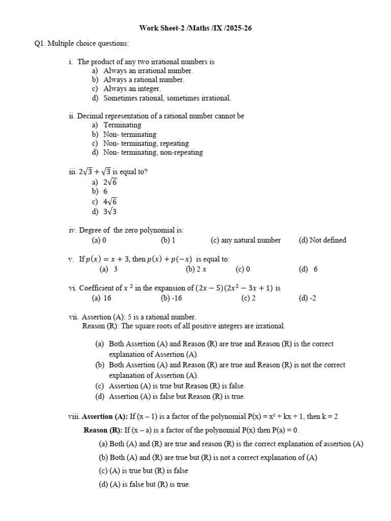 Work Sheet-2 Class 9 Maths | PDF | Numbers | Rational Number