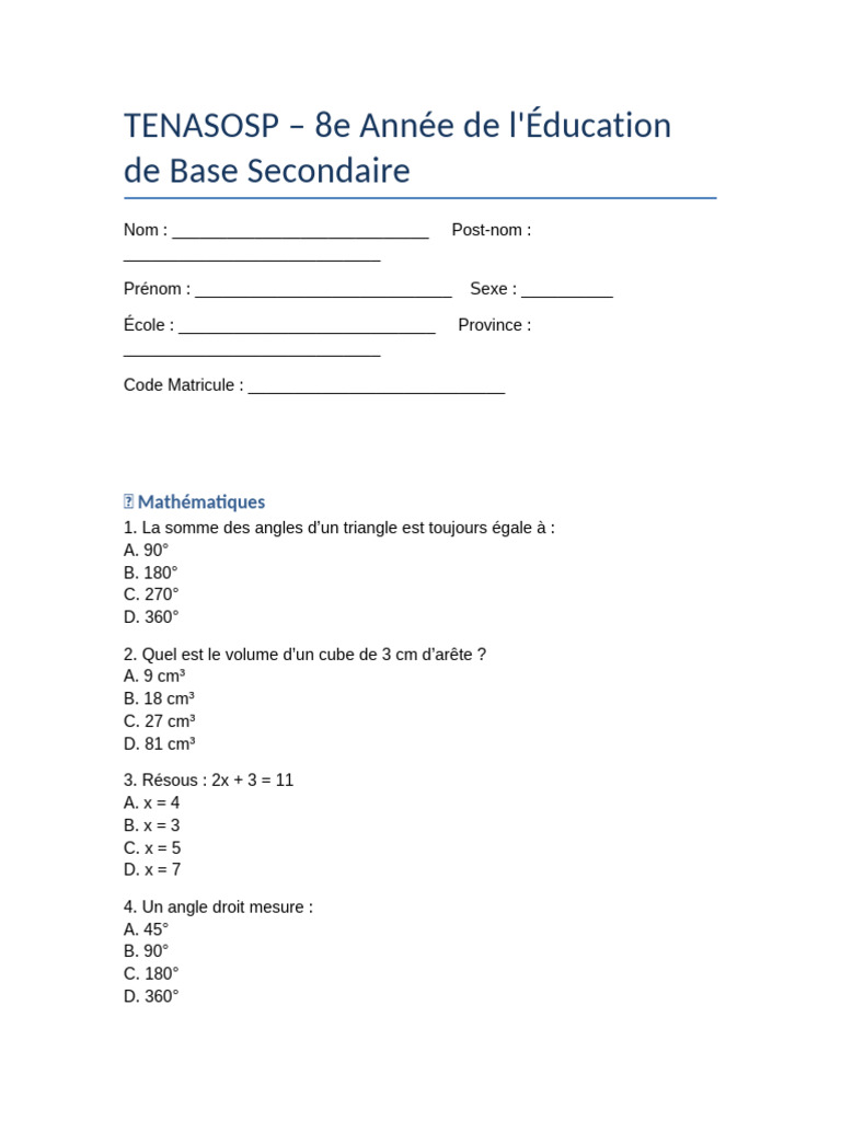 Questions de Mathématiques et Français 8e | PDF