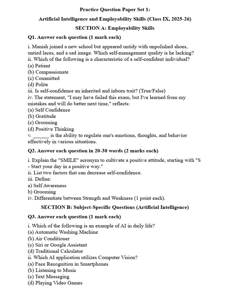 Practice Question Paper Set 1-Set-2-9-AI-UT-1-2025 | PDF | Artificial Intelligence ...