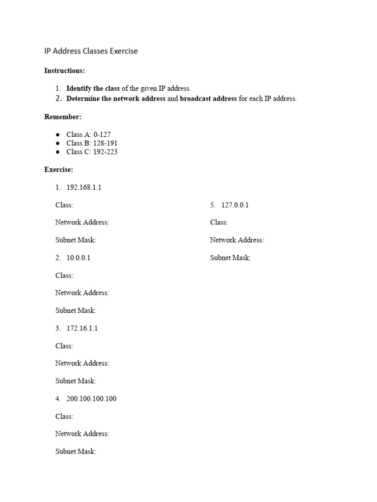 IP Address Classes Exercise | PDF