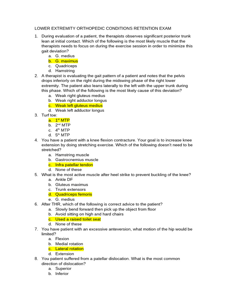 Lower Extremity Orthopedic Conditions Retention Exam Ans Key | PDF ...