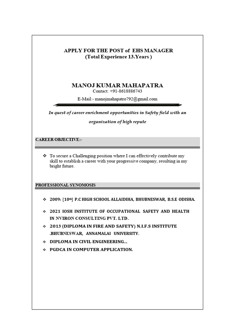 Manoj Kumar Mahapatra Cv.2025 | PDF | Safety