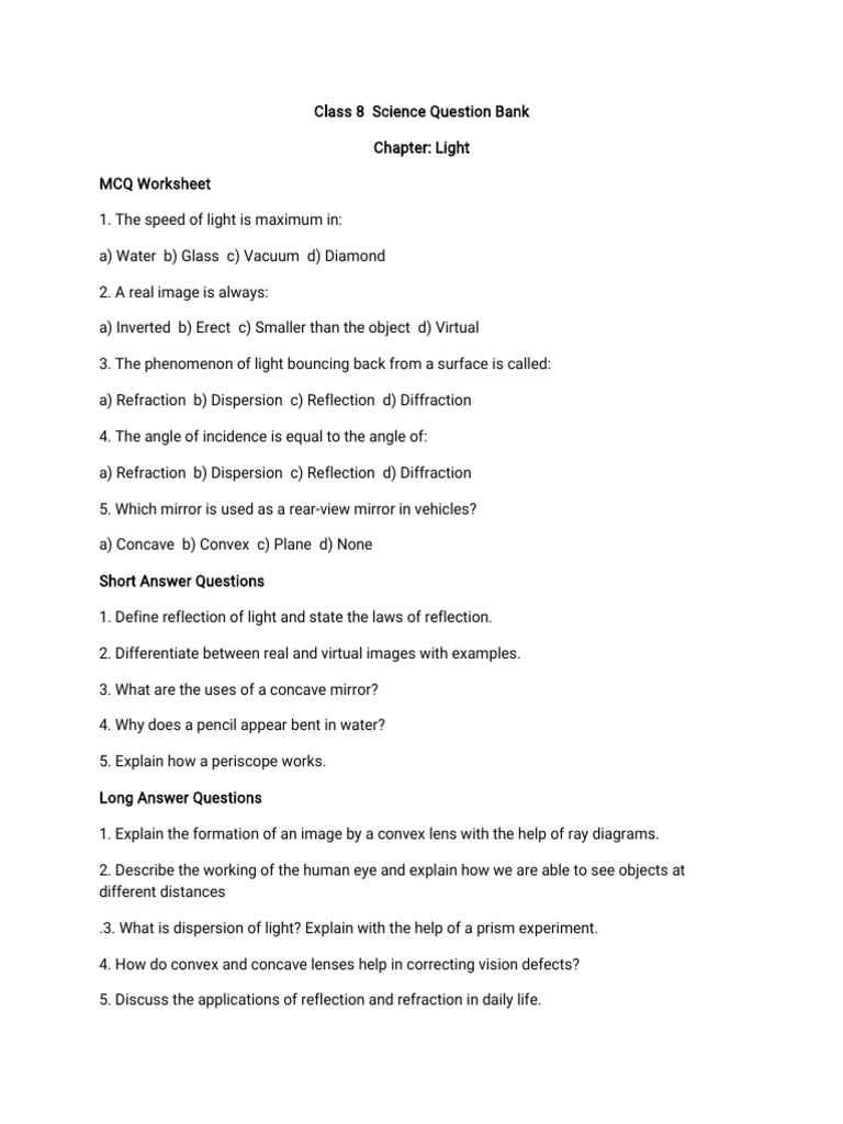 Class 8 Light Qa-WPS Office | PDF | Reflection (Physics) | Mirror