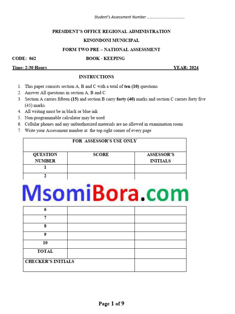 Form Two Bookkeeping Assessment 2024 | PDF | Bookkeeping | Debits And ...