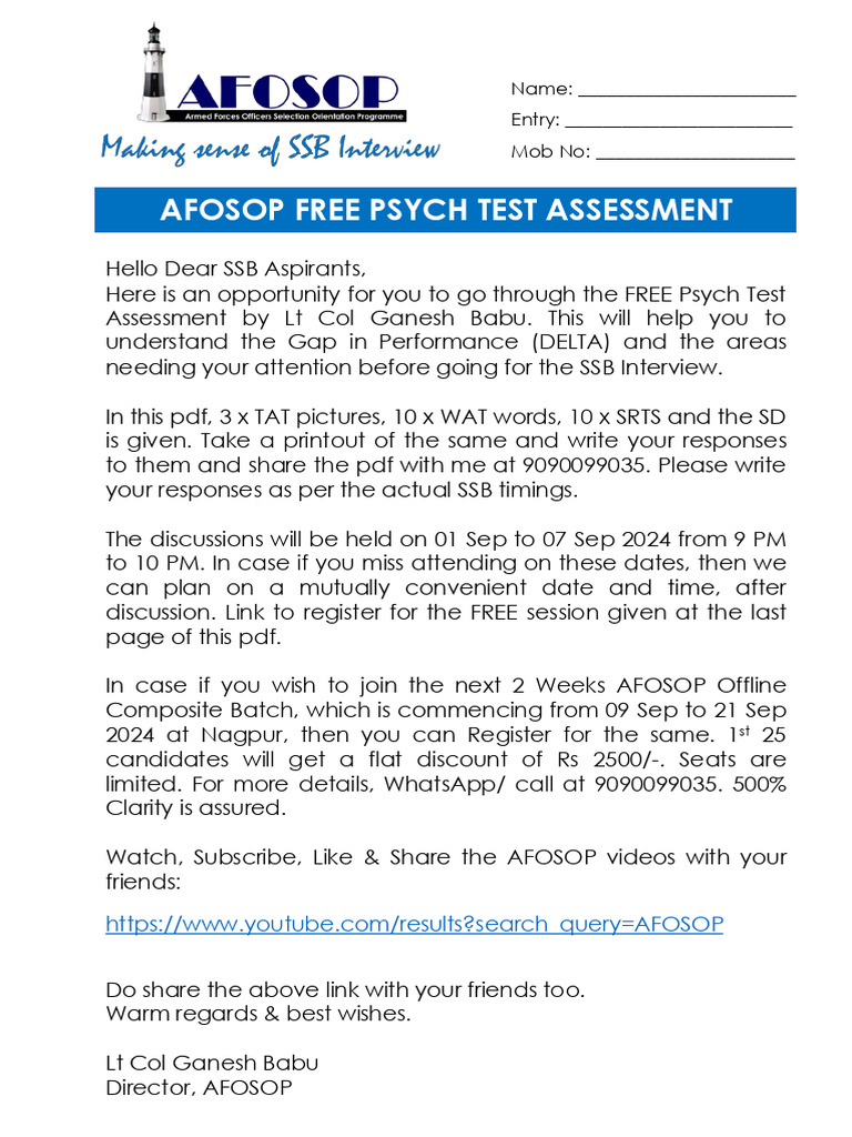 Free Psych Test for SSB Aspirants | PDF