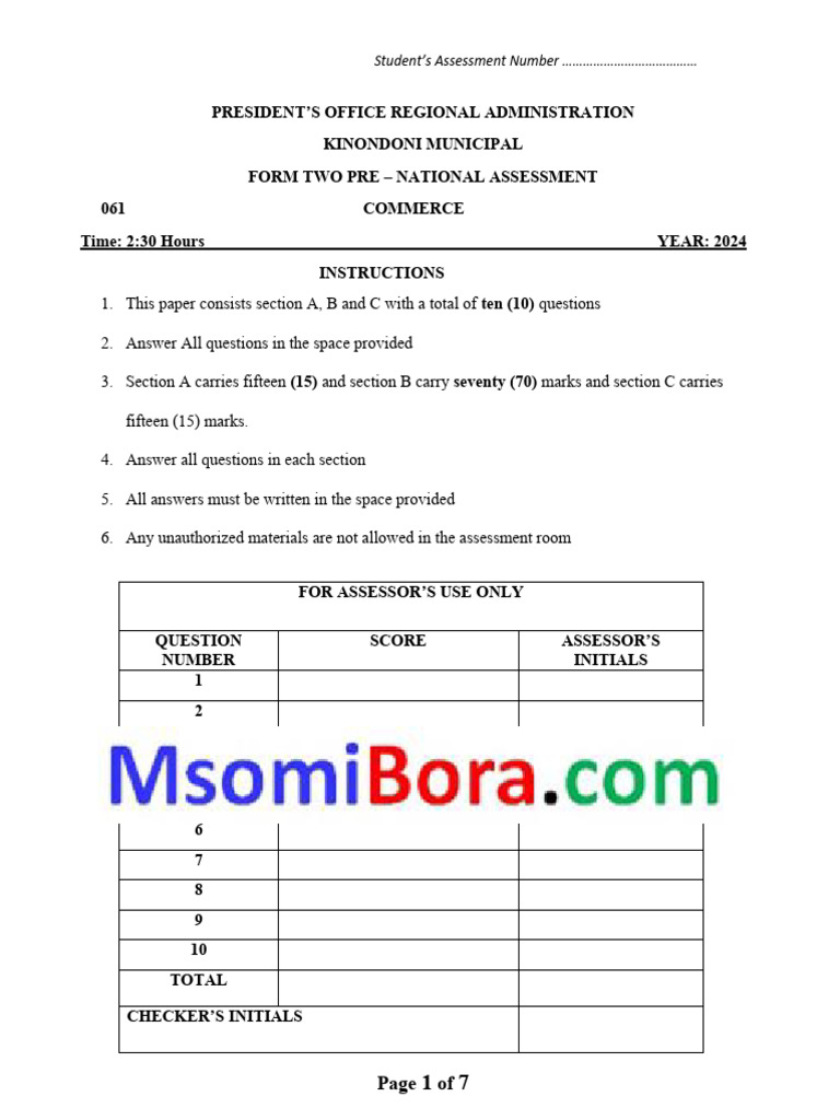 Form Two Commerce Assessment 2024 | PDF | Cargo | Bill Of Lading