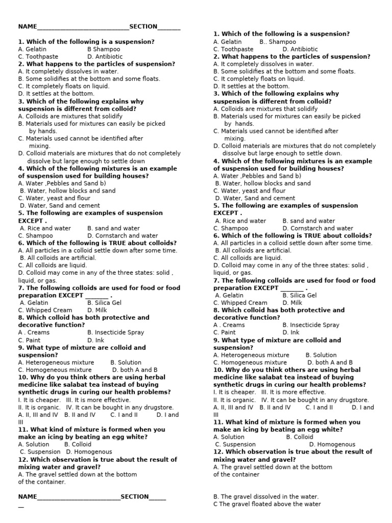 Worksheets Mixtures | PDF | Suspension (Chemistry) | Colloid