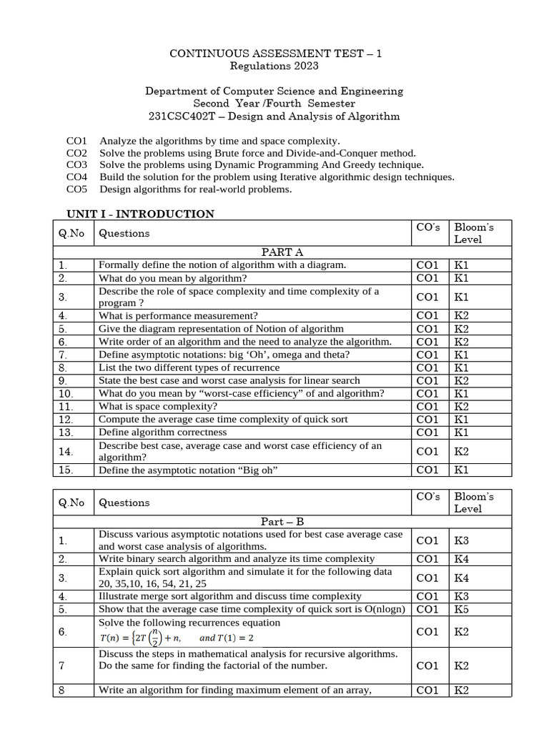 QB Design and Analysis of Algorithm CAT 1 | PDF | Time Complexity | Computational Complexity Theory