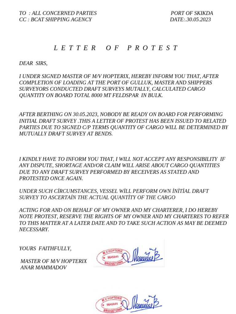 Letter of Protest for Draft Survey Issues | PDF