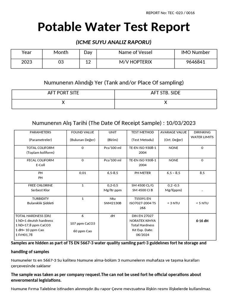 Potable Water Test Report | PDF