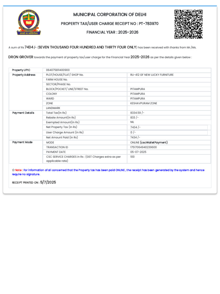 Delhi Property Tax Receipt 2025-26 | PDF