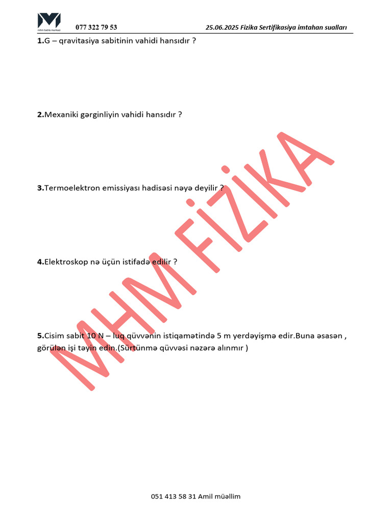 Fizika Sertifikasiya Sualları 25 Iyun 2025 | PDF