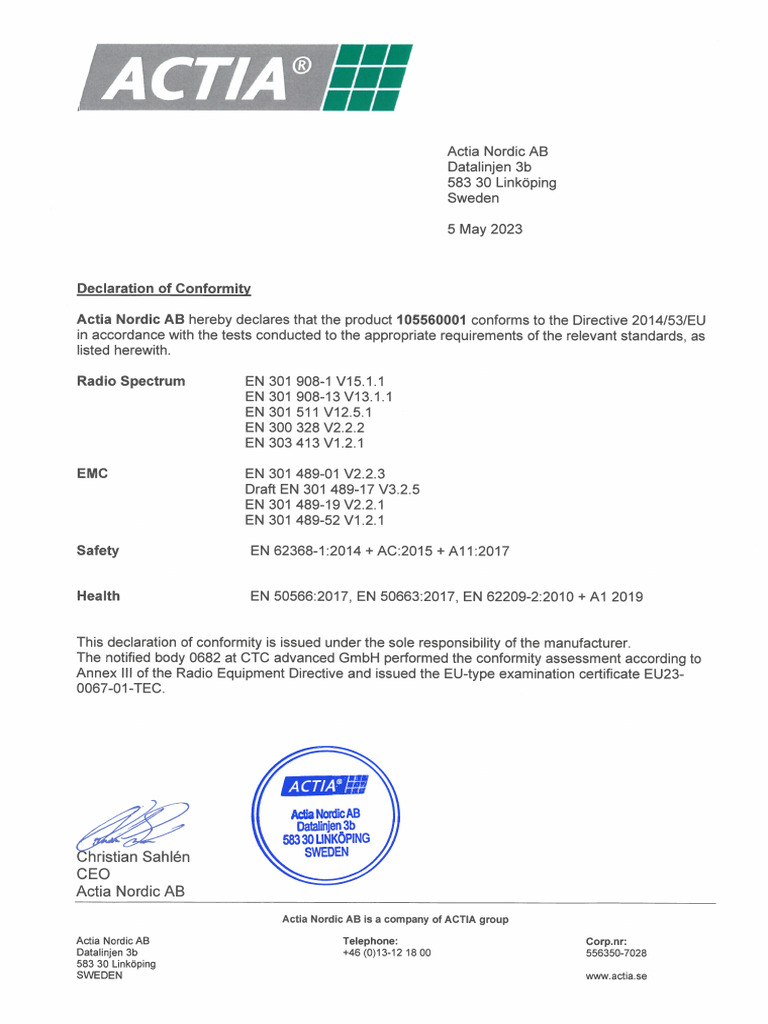 Actia Nordic AB Eu Declaration of Conformity | PDF