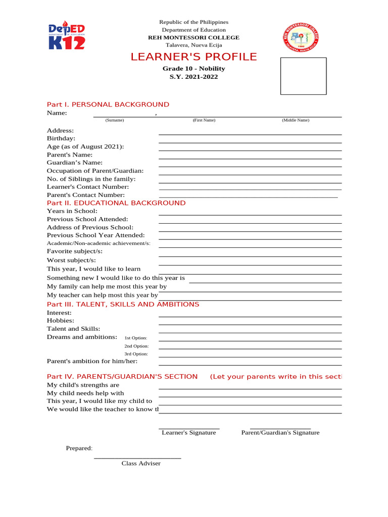 Grade 10 Learner's Profile & Records | PDF